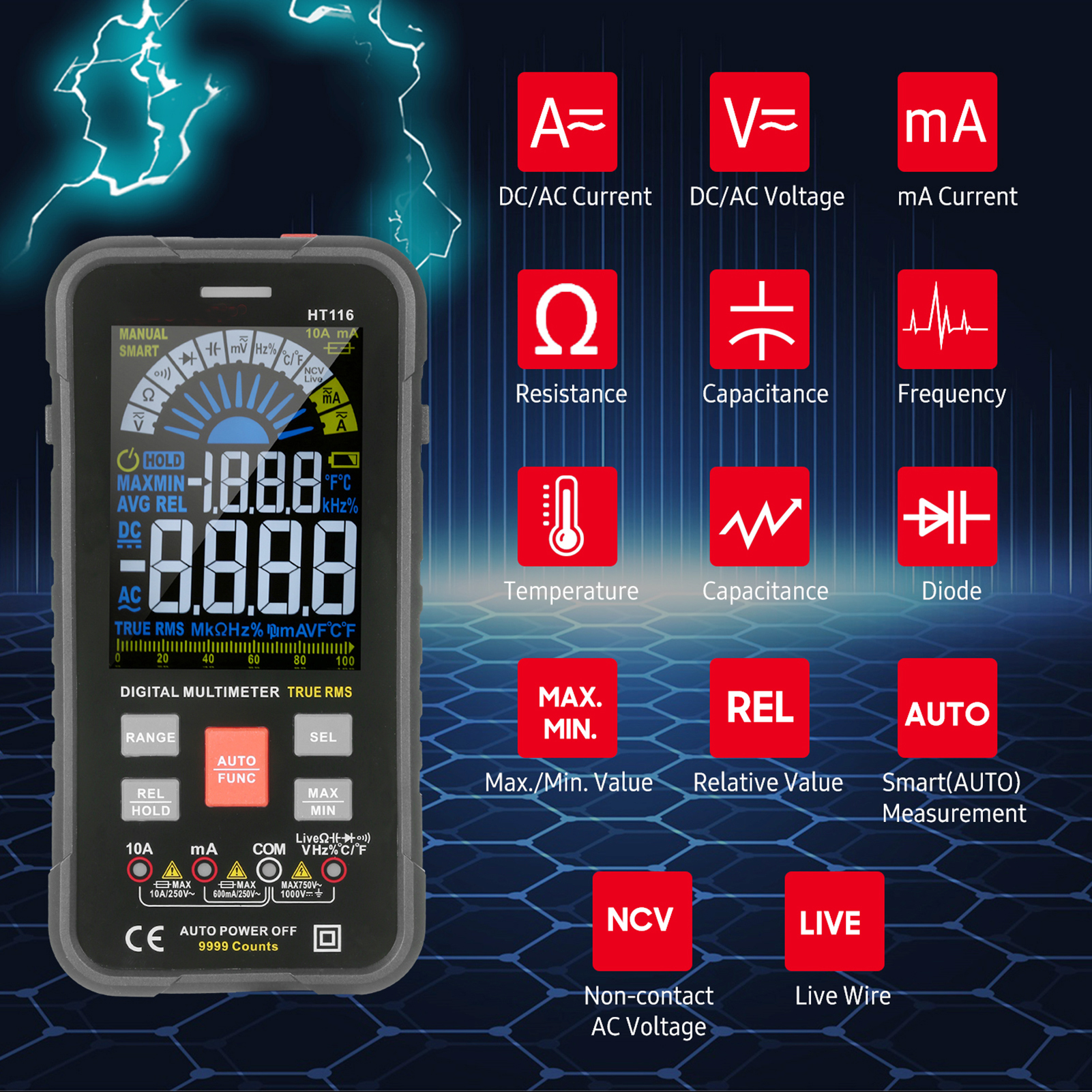 Digital Multimeter NCV Auto-Ranging 9999 Counts TRMS 1000V 10A Tester ...