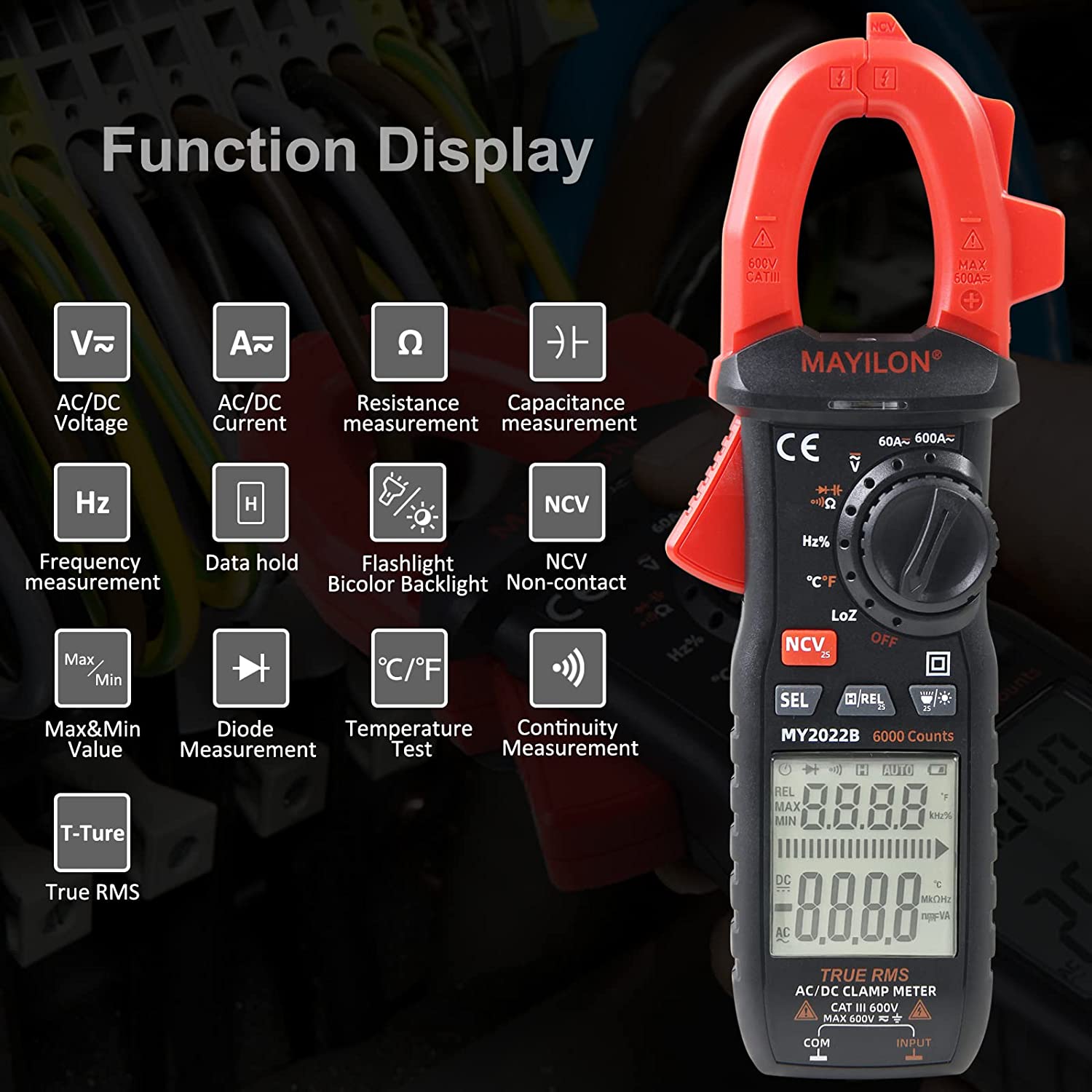Digital Clamp Meter AC/DC 600A 6000 Counts Multimeter Voltage Tester ...